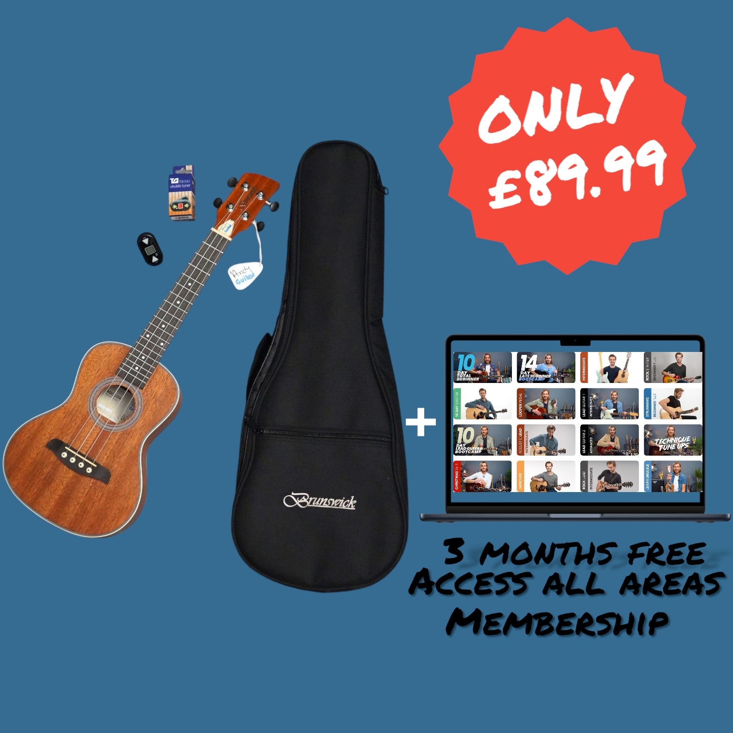 Andy's Signature Ukulele, Tuner & Bag BUNDLE + 3 months FREE Access Al ...
